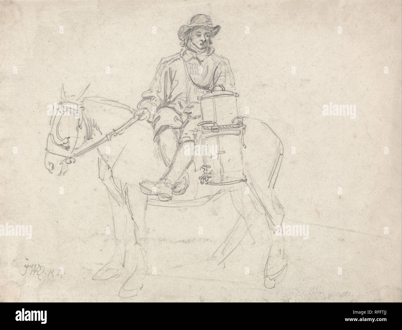 A Farmhand Riding Side-saddle, Carrying an Urn. Drawing. Graphite on ...