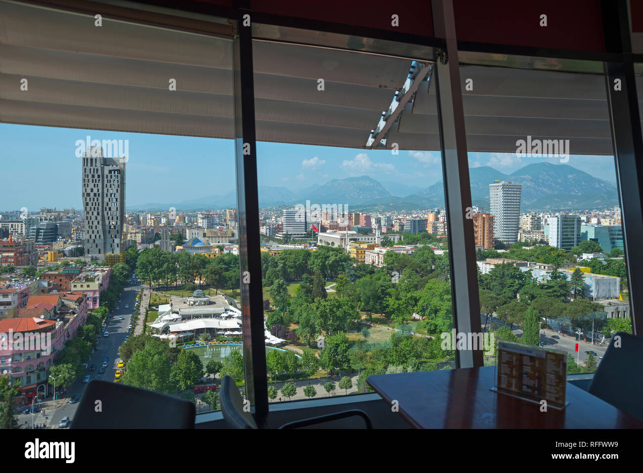 City view, view from the restaurant of the Sky Tower, Tirana, Albania ...