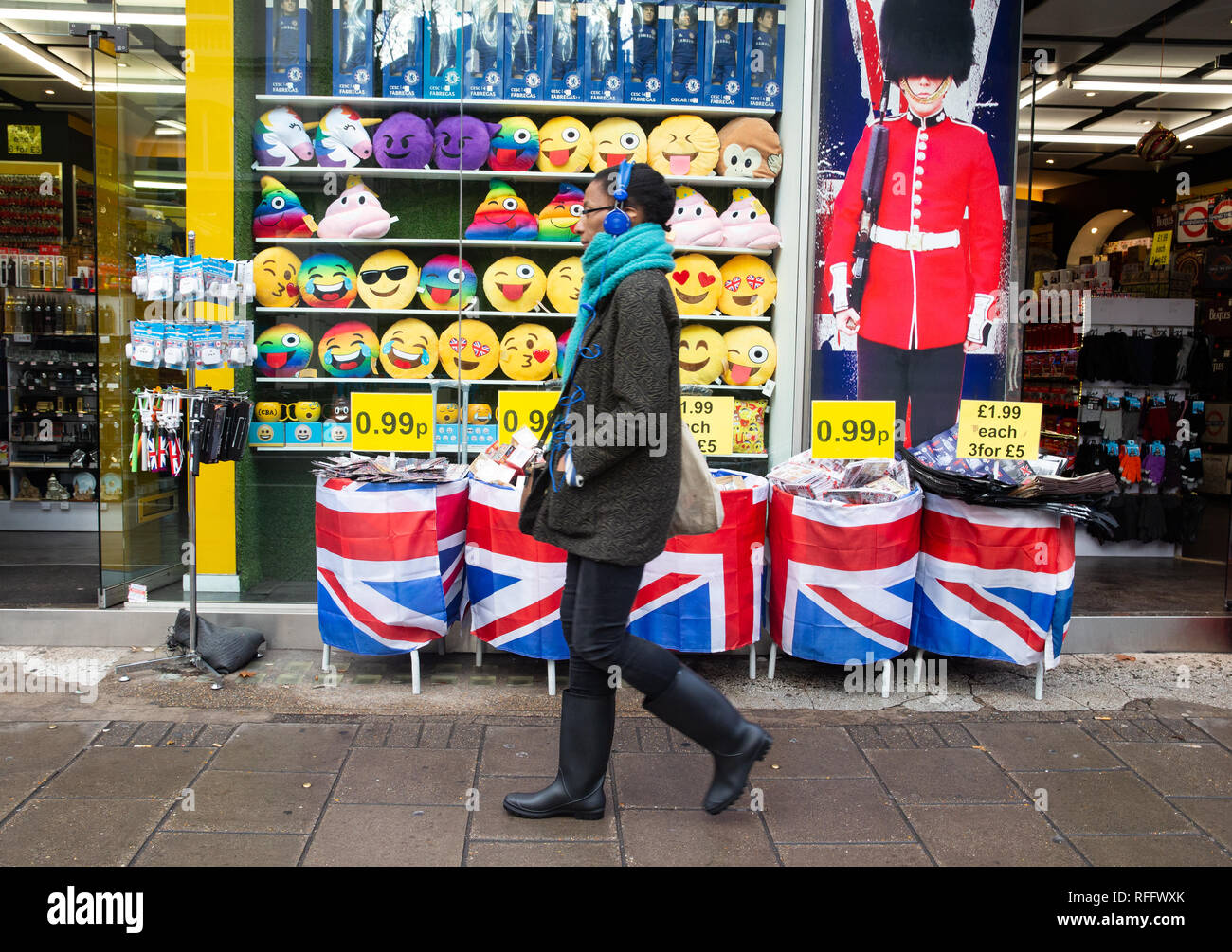 A tourist souvenir shop in Central London showing emoji cushions, a cut ...