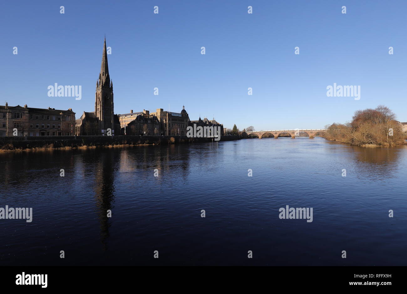 Perth waterfront reflected in River Tay Scotland January 2019 Stock ...