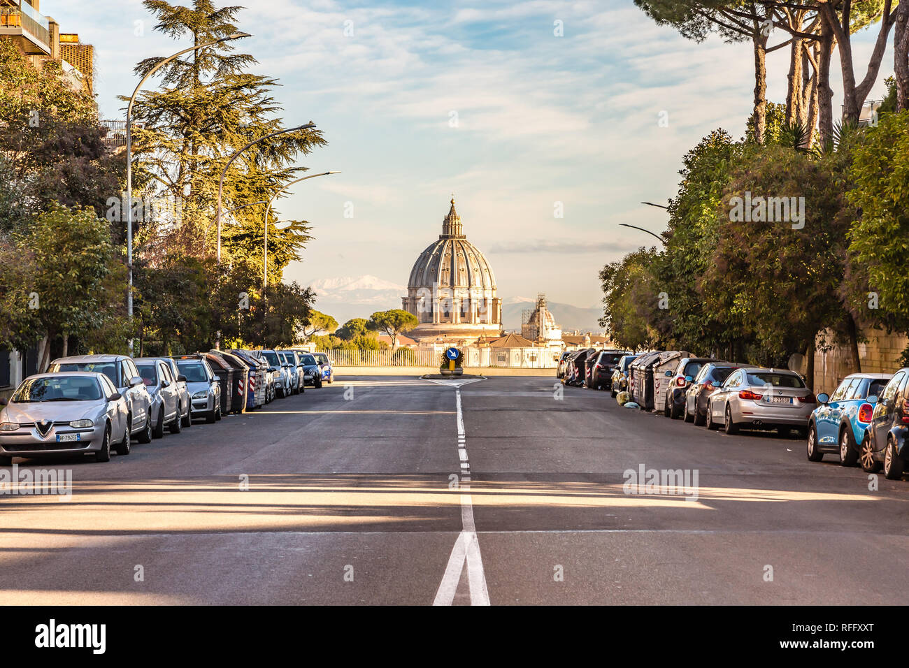 ROME, ITALY - JANUARY 5, 2019: light is enlightening the Dome of Saint ...