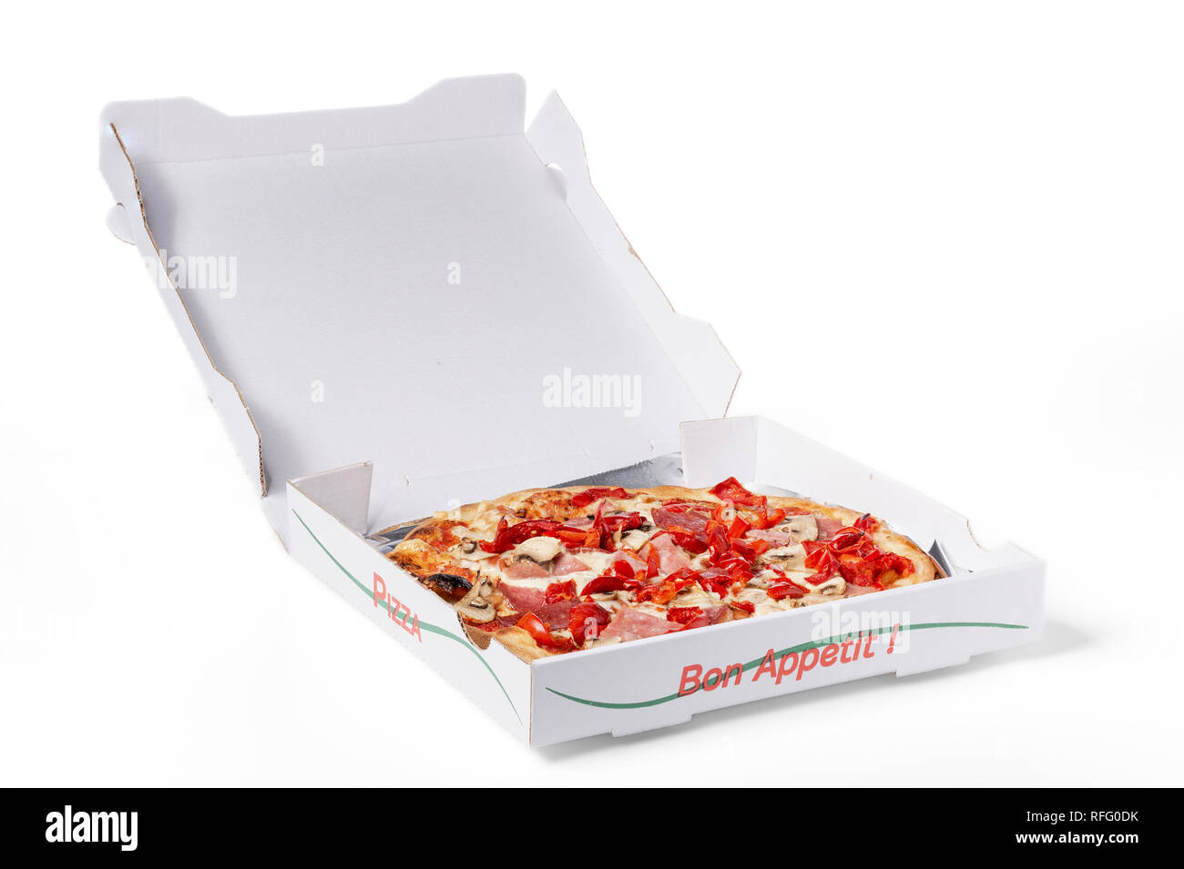 Open delivery box with pizza isolated on white background, clipping ...