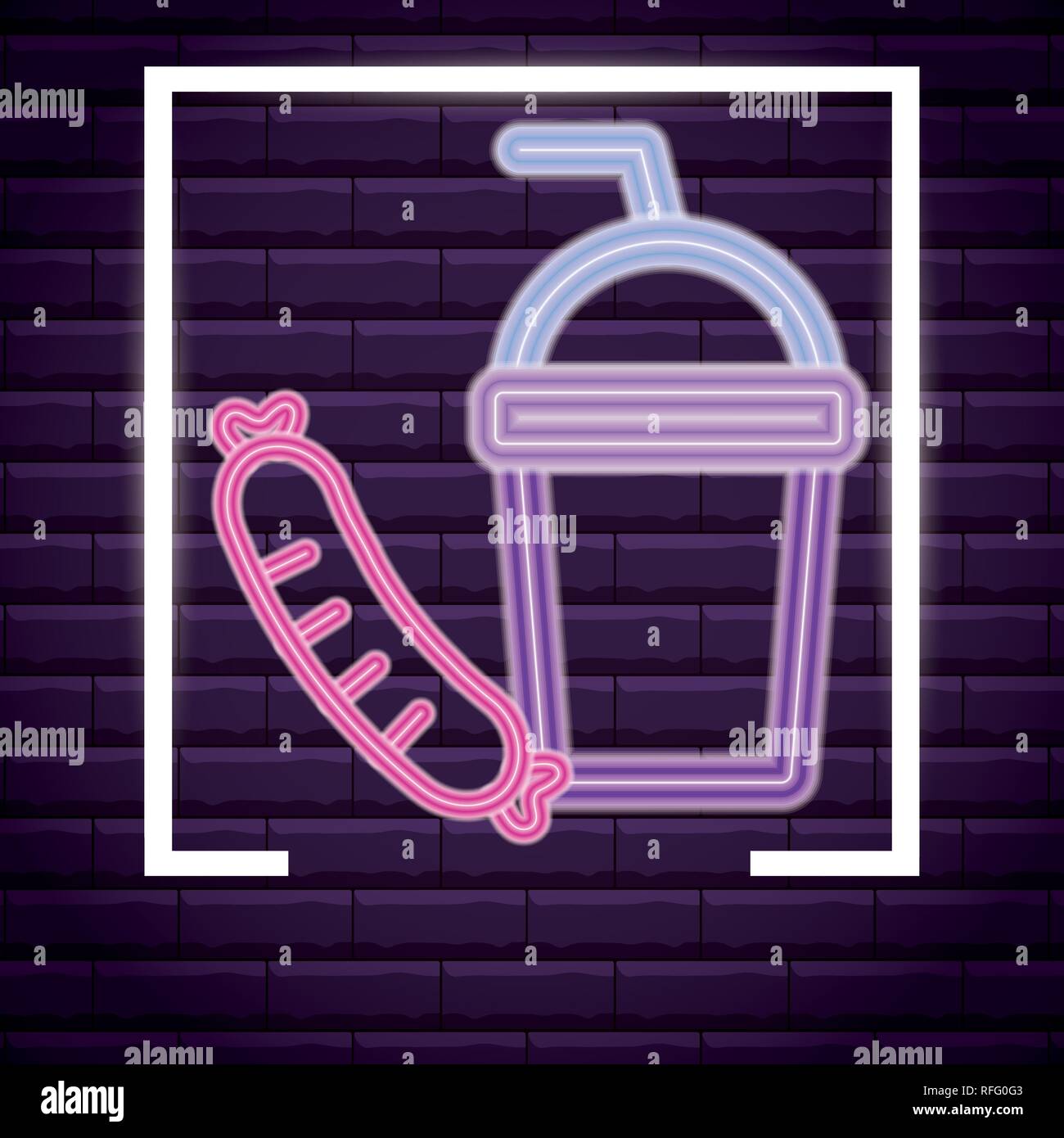 Smoothie drink and sausage over purple background, colorful neon design ...