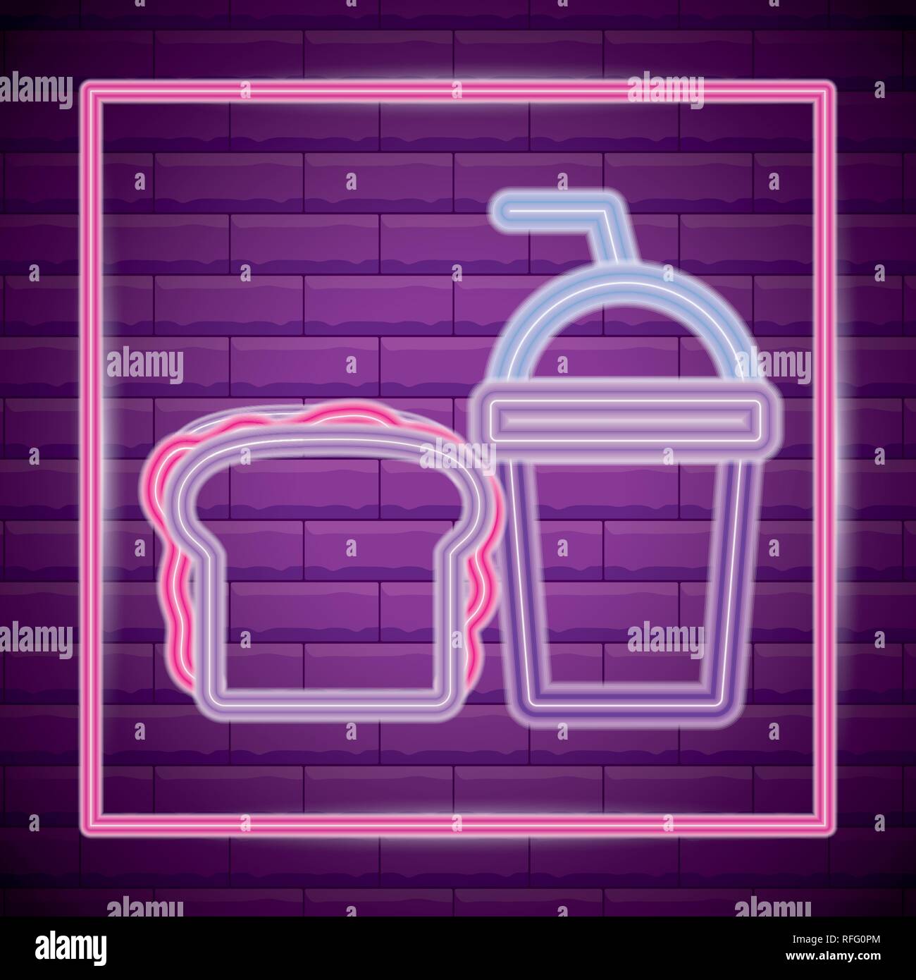 smoothie and Sandwich over purple background, colorful neon design ...