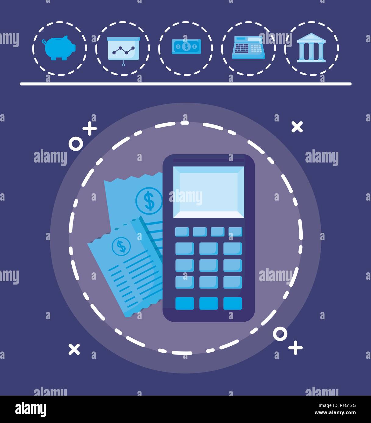 Dataphone device and invoice with money related icons over blue ...
