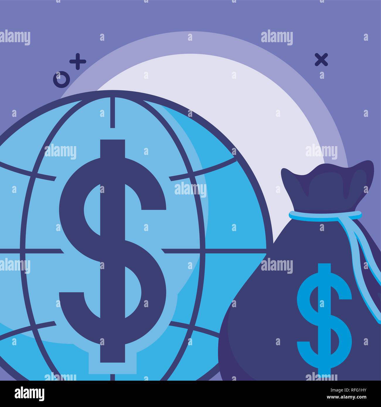 money bag and global sphere icon over purple background, vector ...