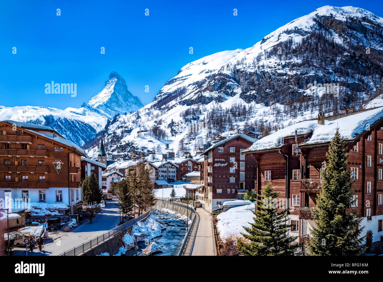 Aerial View on Zermatt Valley and Matterhorn Peak Stock Photo - Alamy