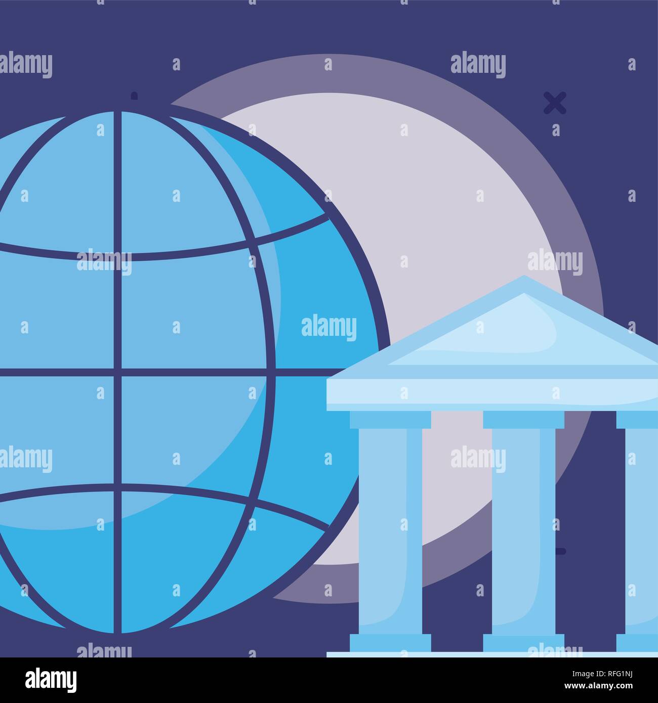 bank building and global sphere icon over blue background, vector ...