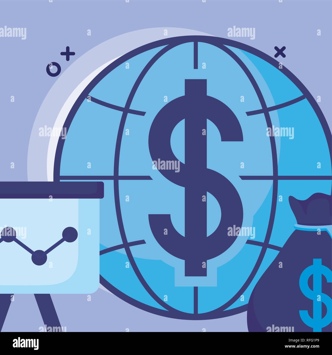 money bag and global sphere icon over purple background, vector ...