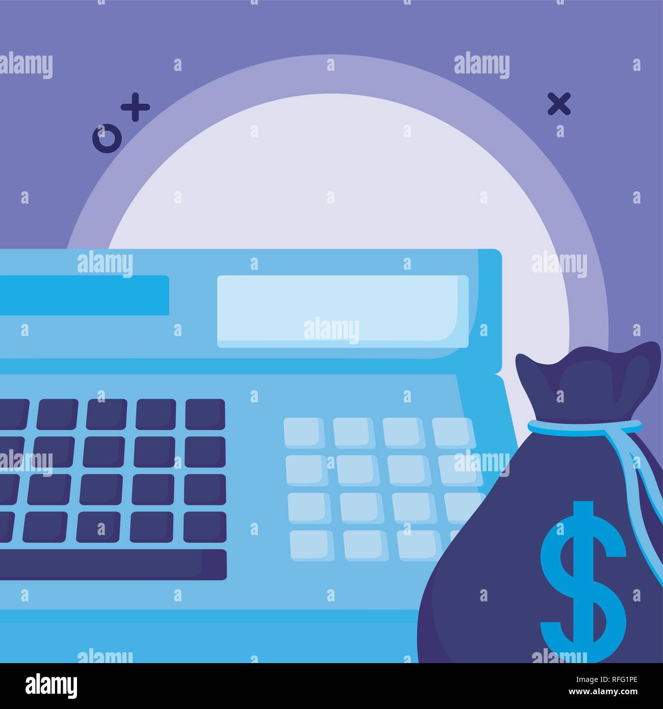 money bag and cash register over purple background, vector illustration ...