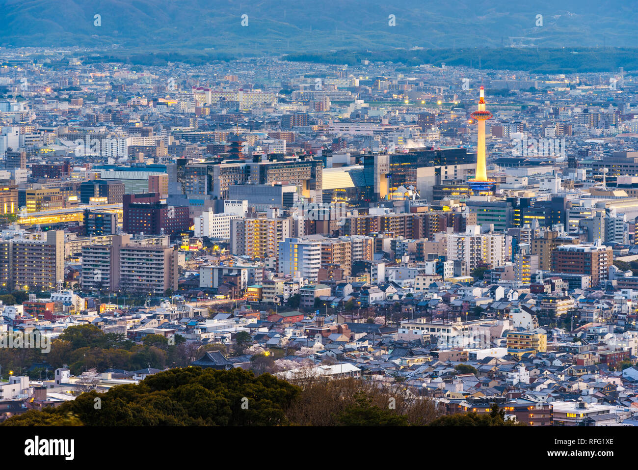 Kyoto, Japan city skyline from abvoe at dusk Stock Photo - Alamy