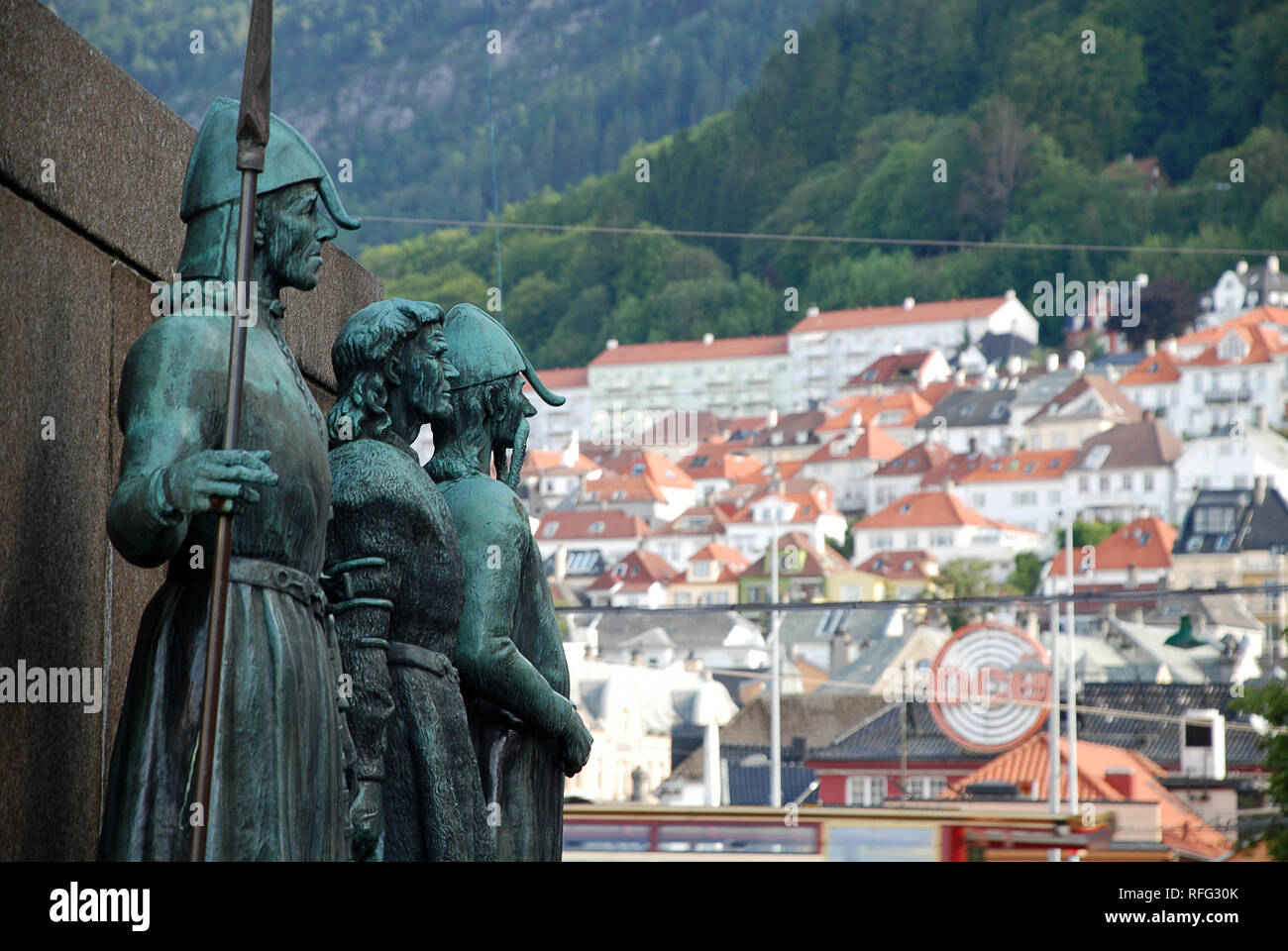 A statue at Torgallmenningen. Torgallmenningen is the main square of ...