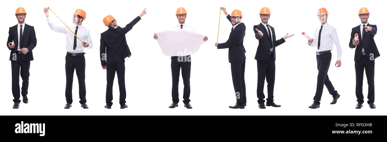 panoramic photo collage of architect expert isolated on white Stock ...