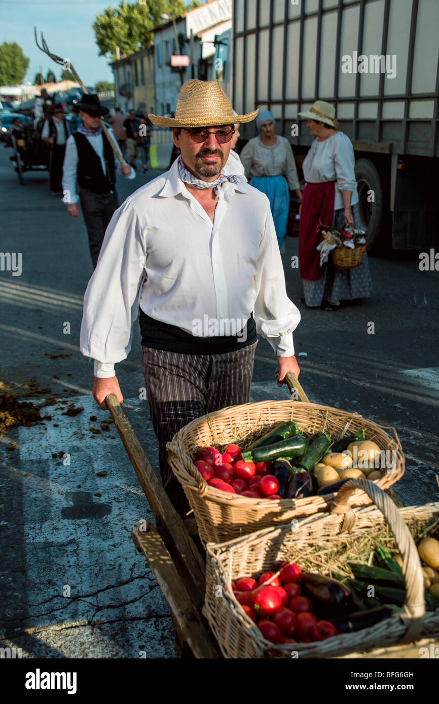 French pushing cart with baskets of vegetables in the Old School Parade ...