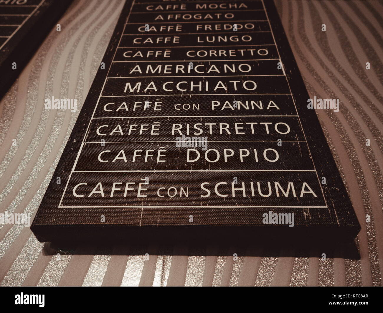 Various coffees signs in the cafe Stock Photo - Alamy