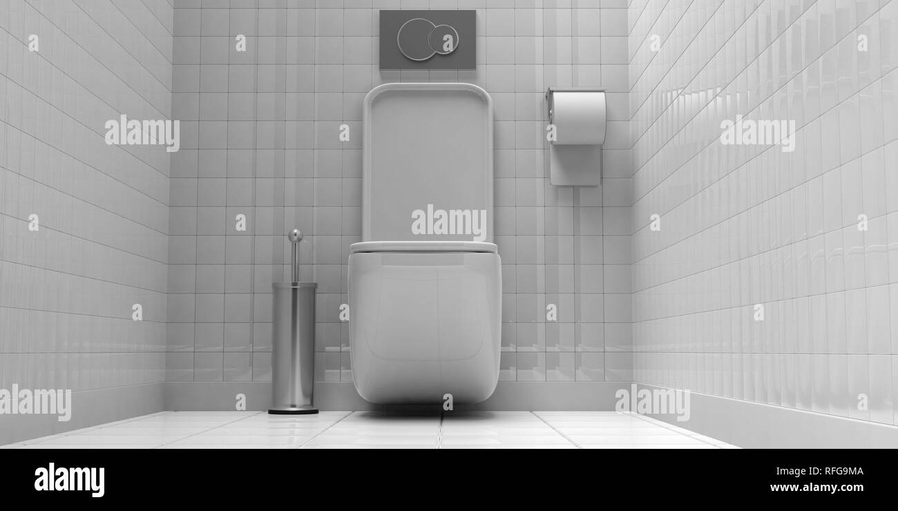 WC, restroom. White toilet bowl and accessories on tiled wall and floor ...