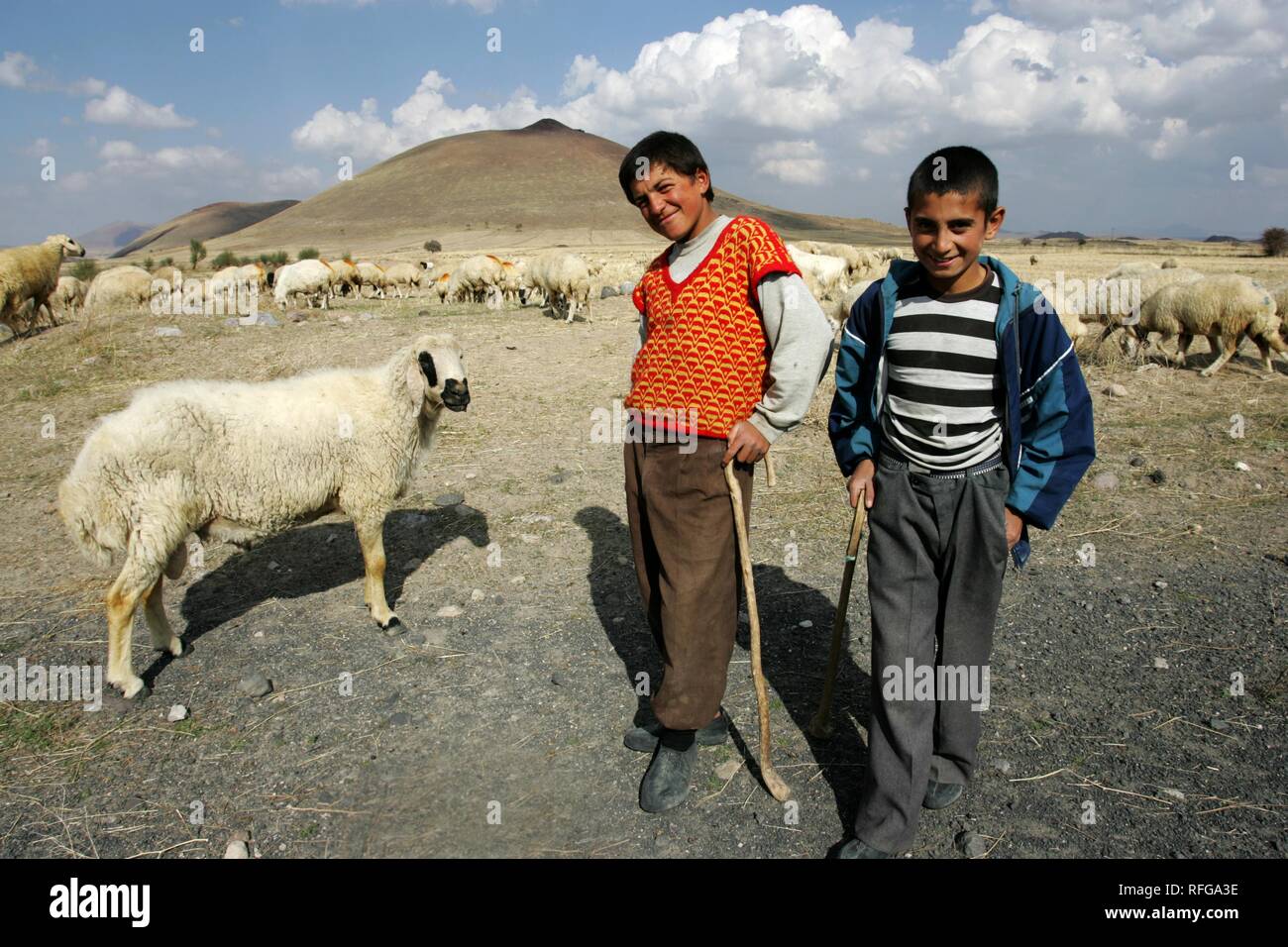 Young shepherds, between Derinkuyu and Guezelyur, Cappadocia, Turkey ...