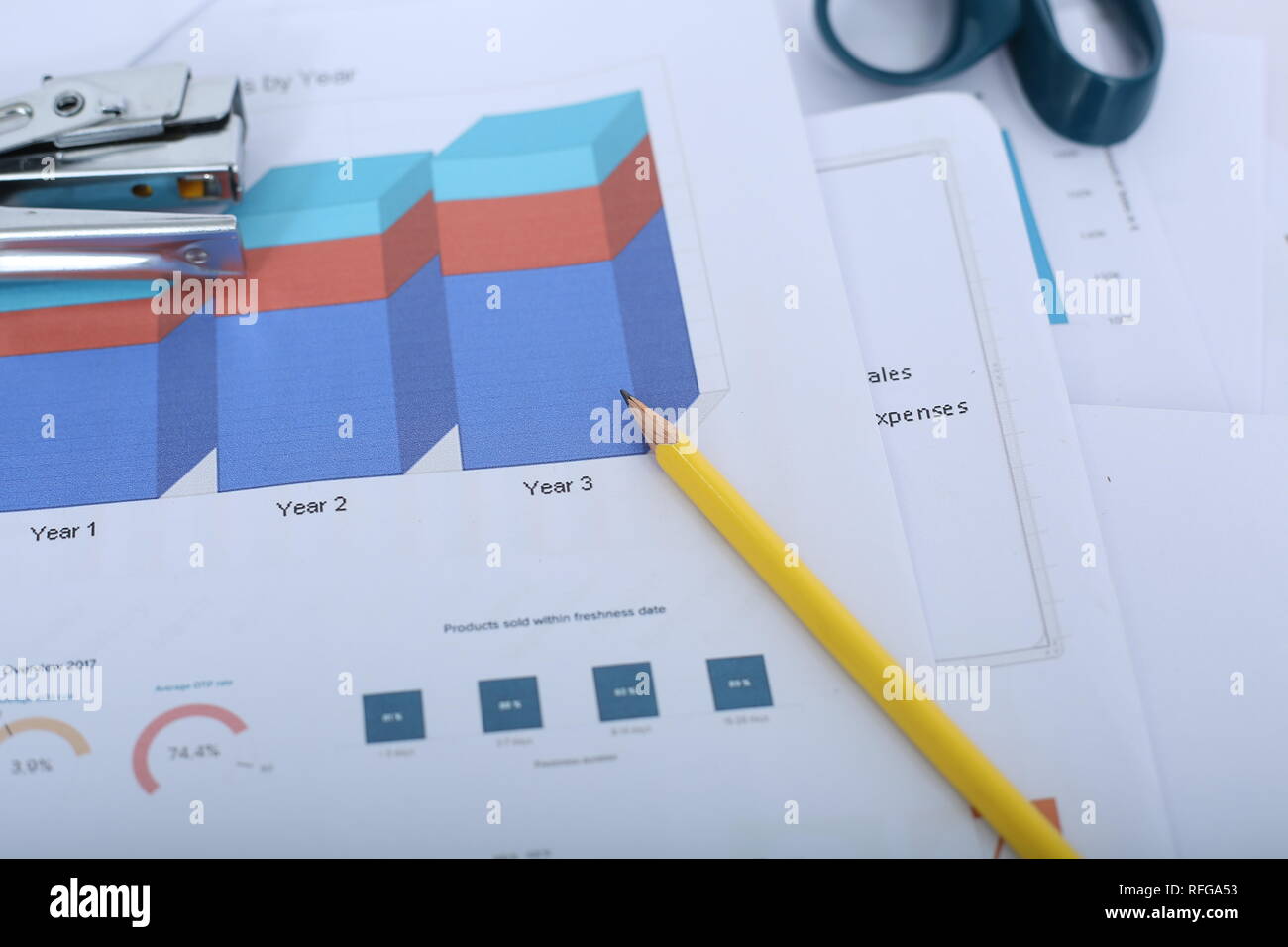 Picture of pen and stapler on the graph paper Stock Photo - Alamy