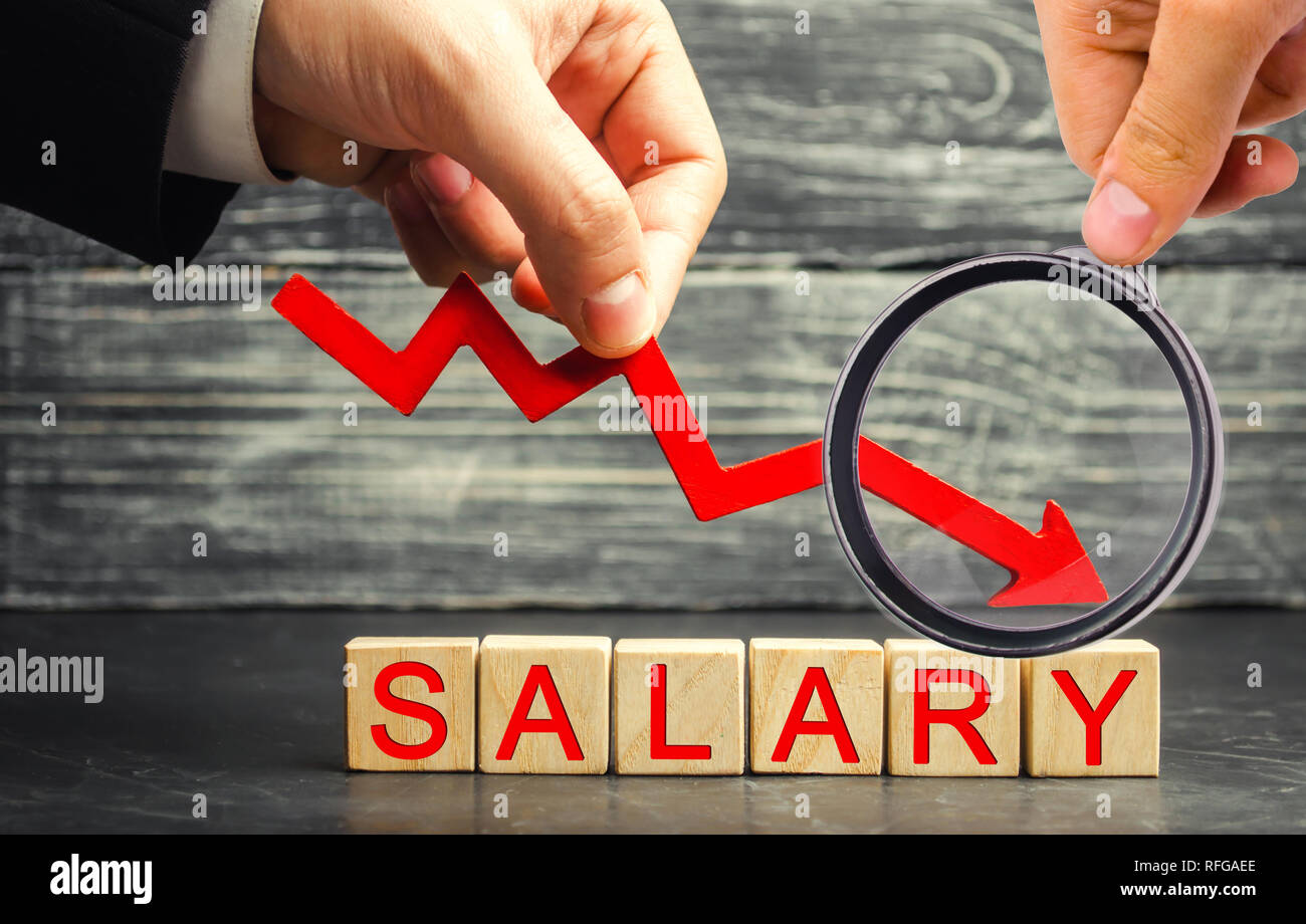The inscription "salary" and the red arrow down. lower salary, wage ...
