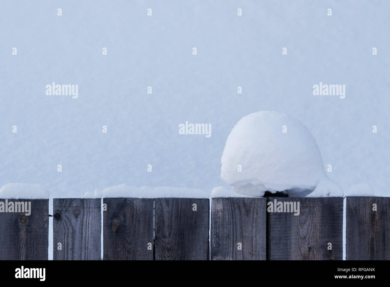 A beautiful clump of snow on a wooden fence with a snowy background ...