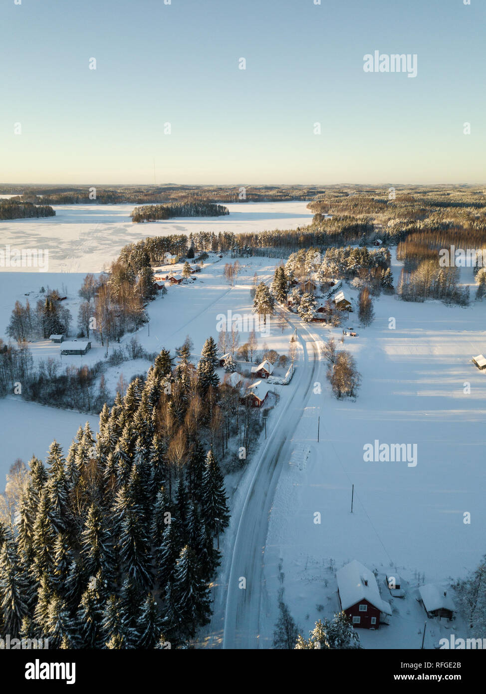 Aerial winter landscape of countryside with small houses Stock Photo ...
