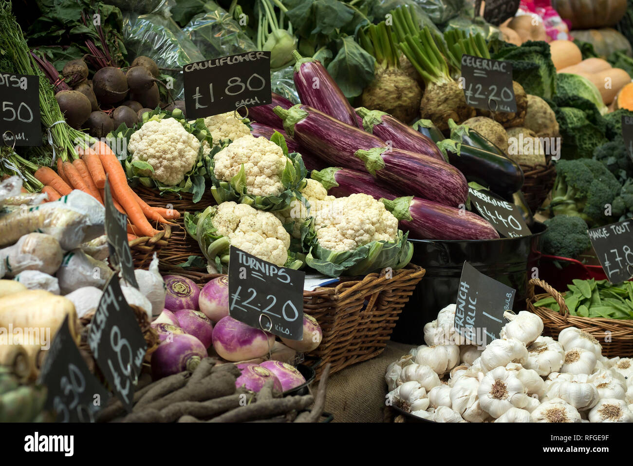 London, UK - November 2018. Vegetable stall in Borough Market, one of ...