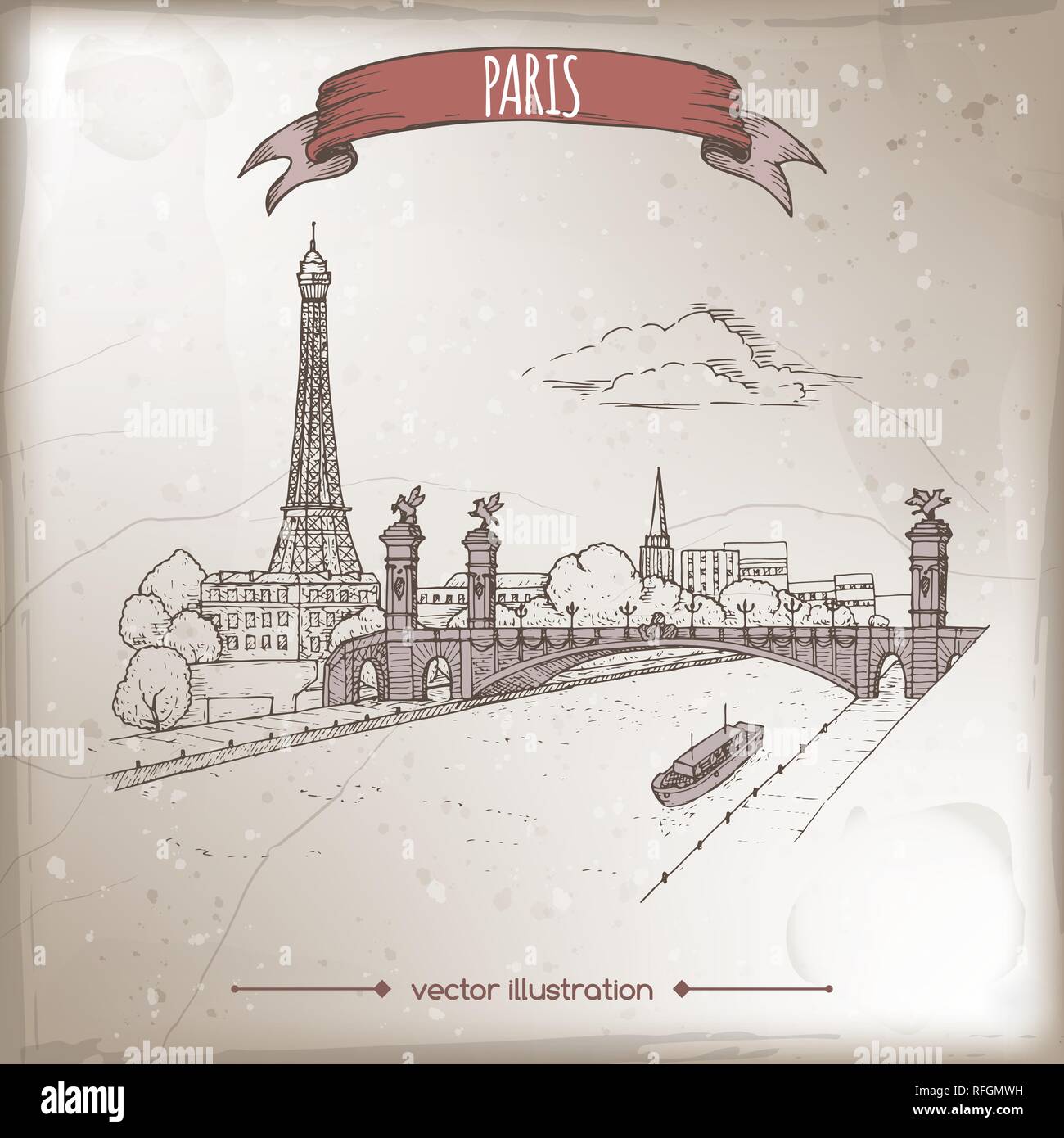 Vintage travel illustration with Eiffel tower and Pont Alexandre bridge ...