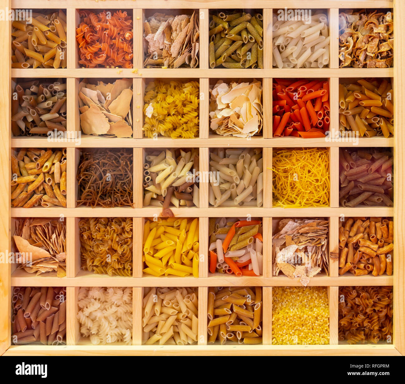 30 types of Italian pasta collection. Various colors of pasta viewed ...