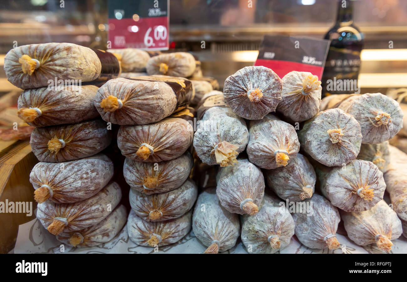 Dried salami sausages. Traditional Bulgarian dried flat salami Stock ...