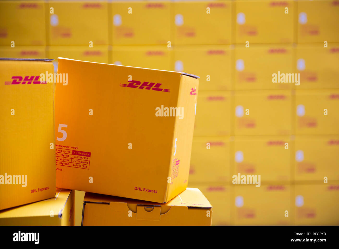 Sofia, Bulgaria - 17 October, 2018: Yellow DHL Express packages are ...