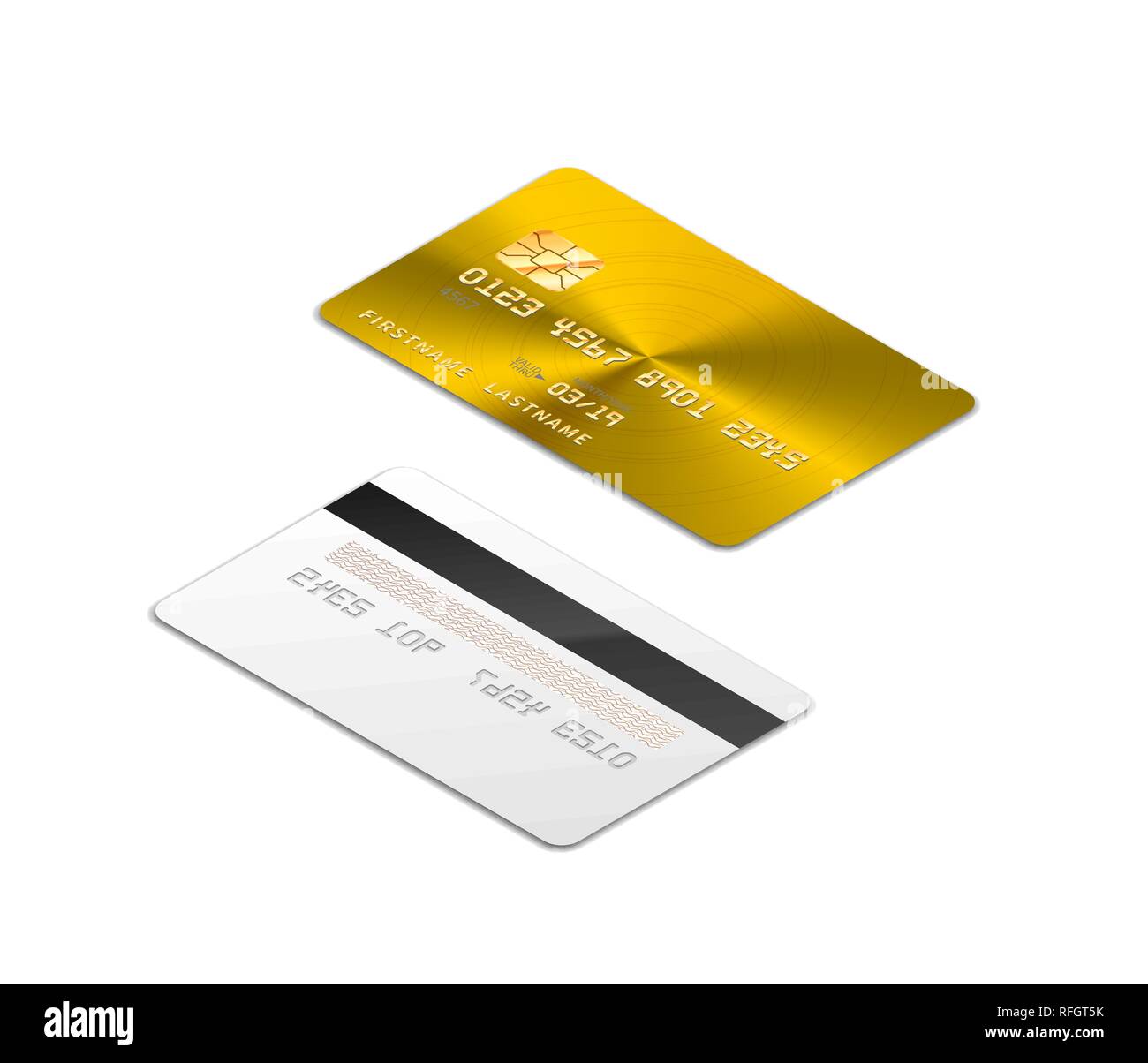 Golden realistic credit card with chip from both sides in isometric ...