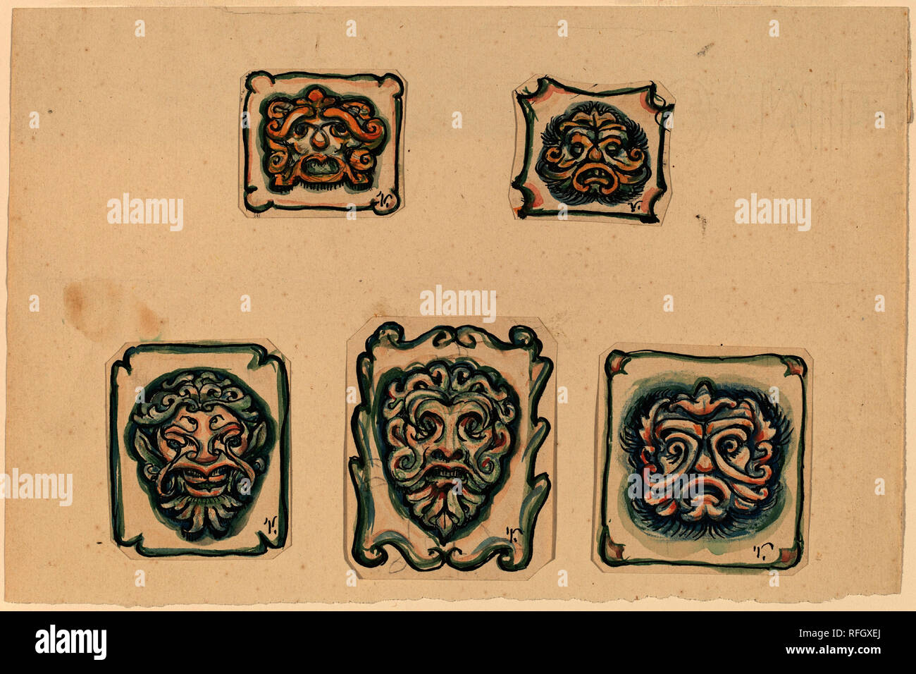 Five Heads. Dated: c. 1918. Medium: pen and ink and watercolor on 5 ...