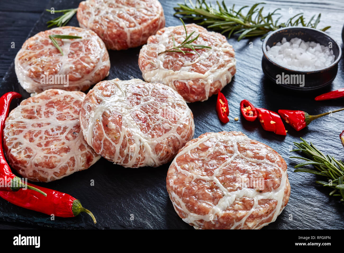 raw Atriaux - ground pork wrapped in caul fat, swiss cuisine, type of ...