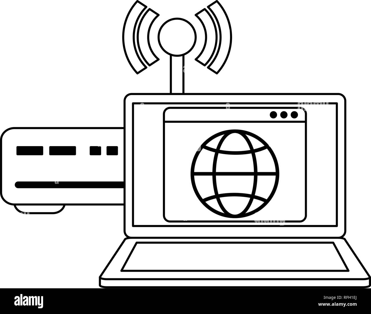 Laptop with wifi router internet symbol in black and white Stock Vector ...