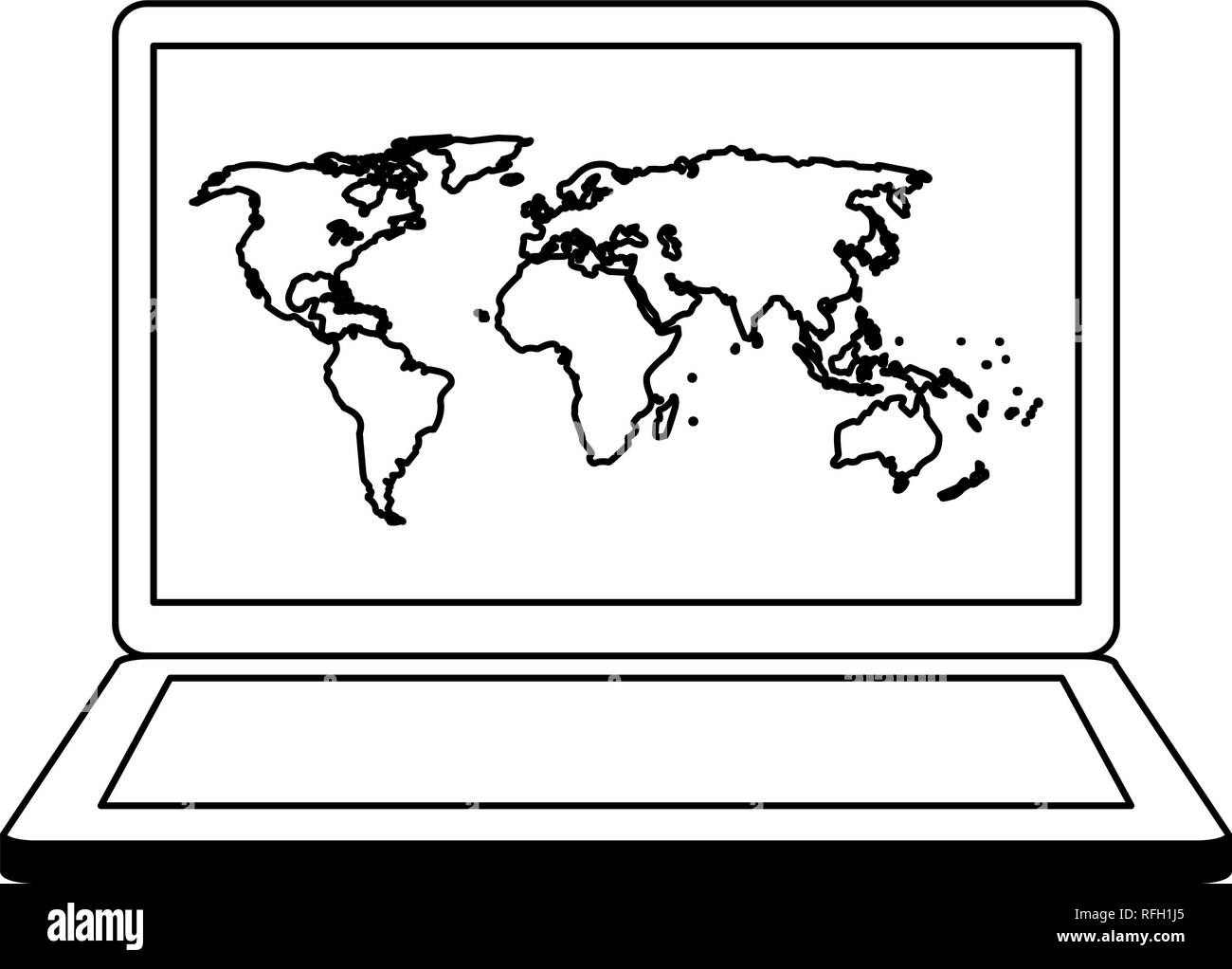 Laptop with world map on screen in black and white Stock Vector Image ...