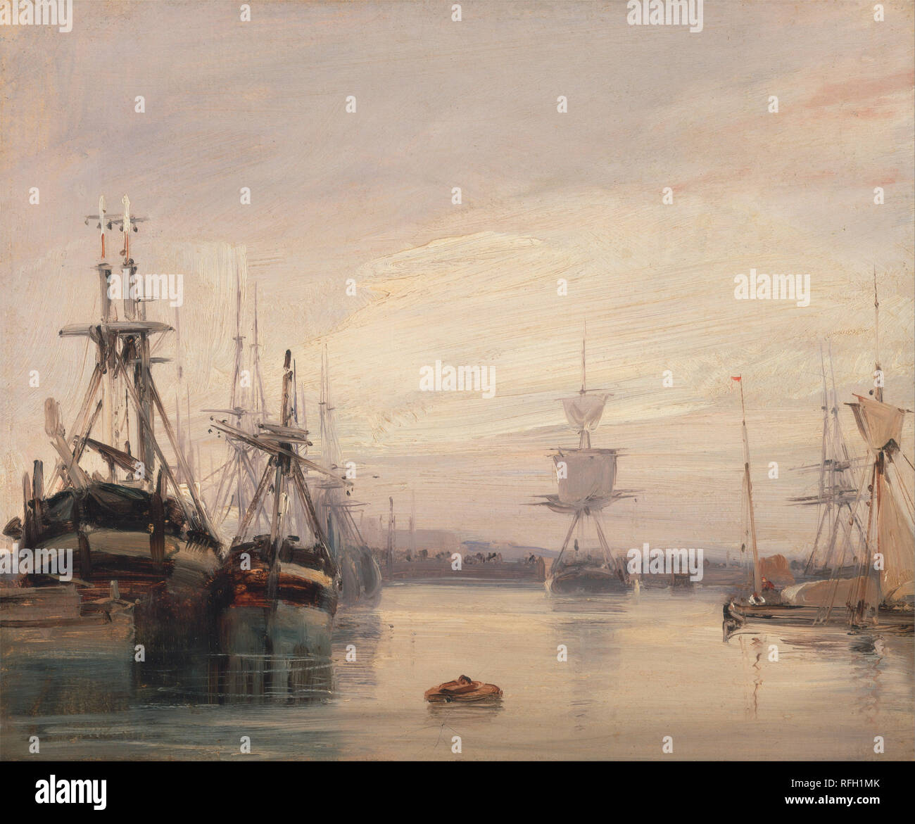 French harbor scene. Date/Period: Ca. 1825. Painting. Oil on millboard ...