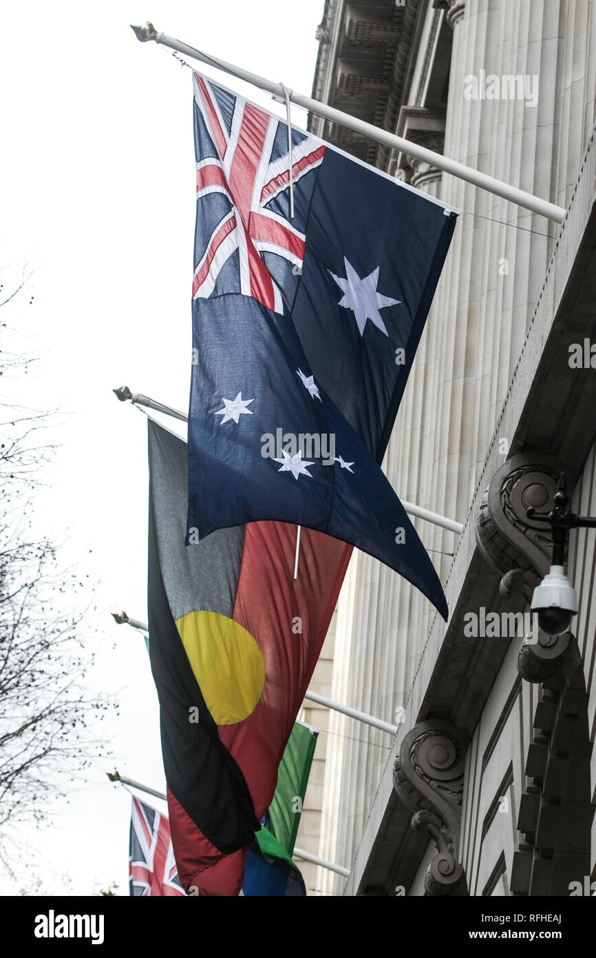 London, UK. 26th January 2019. The Aboriginal flag and national flag of ...