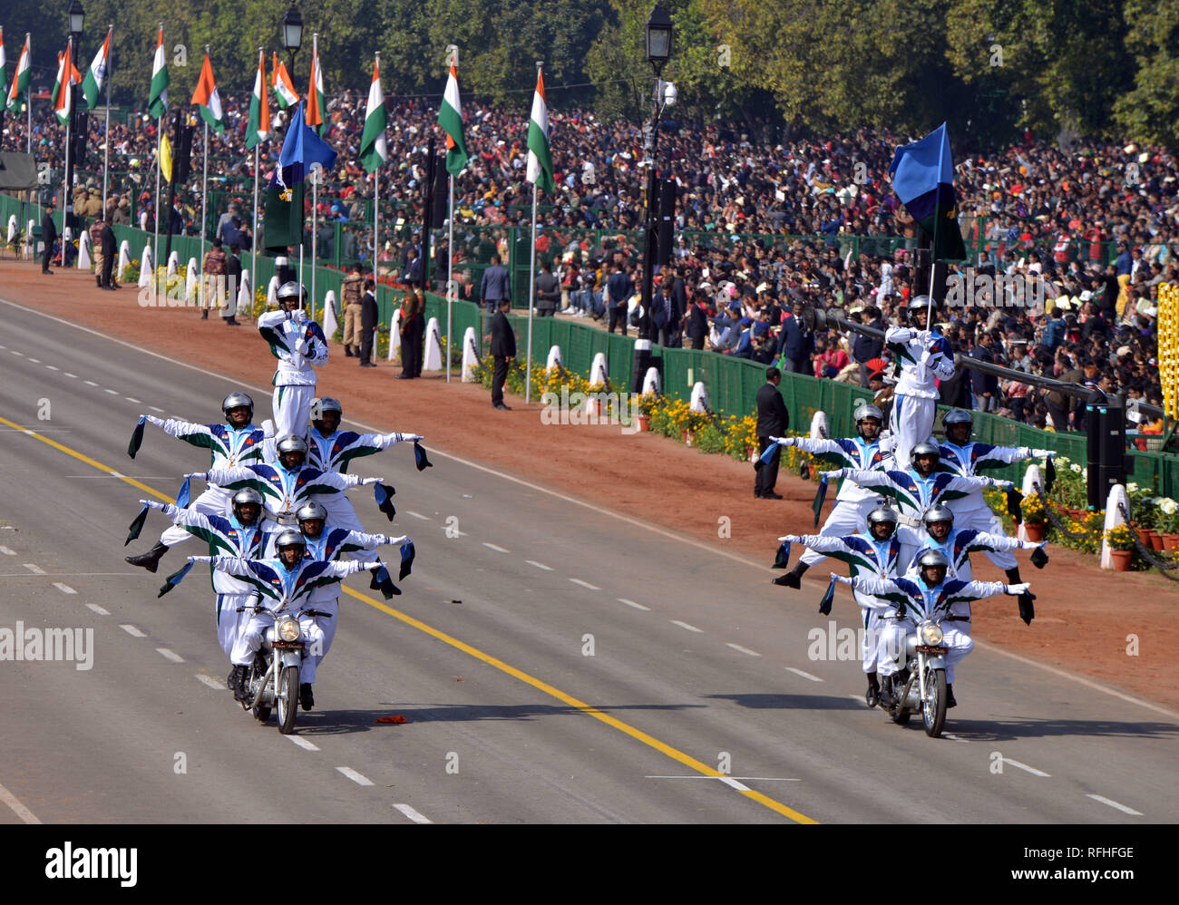 New Delhi, India. 26th Jan, 2019. Motorcycle riders perform stunts as ...