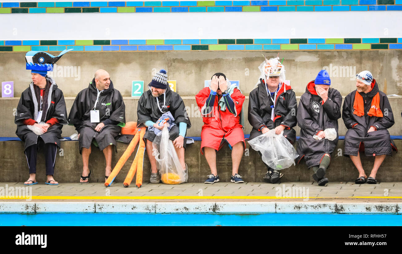 Swimmers await their race. The 8th UK Cold Water Swimming Championships ...