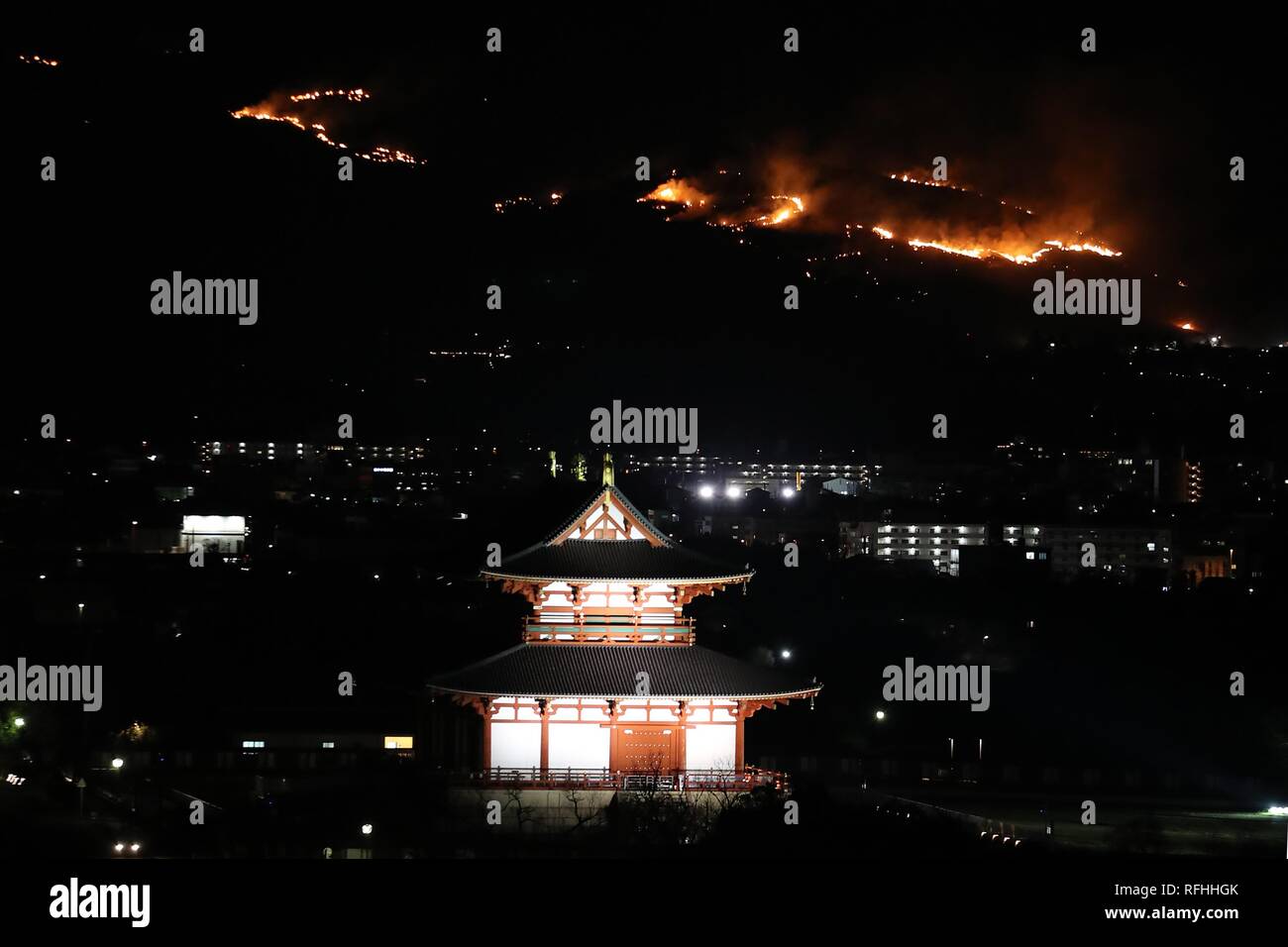 Nara, Japan. 26th Jan, 2019. Fire burns on Mt. Wakakusa during the ...