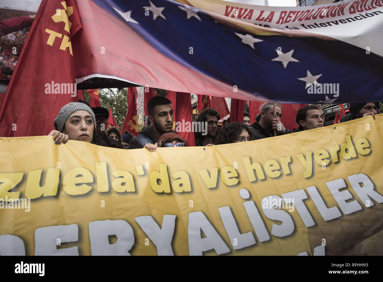 Istanbul, Turkey. 26th Jan, 2019. Protesters are seen holding a banner ...