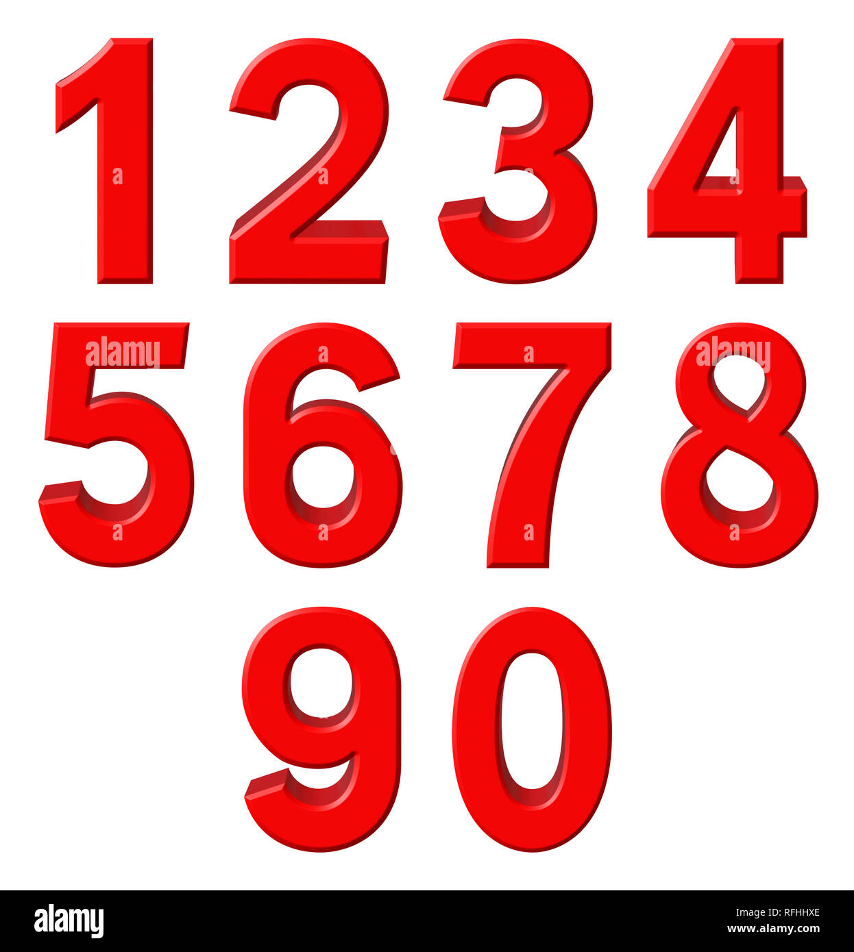 Set of red arabic numbers, extrusion perspective of straight, isolated ...
