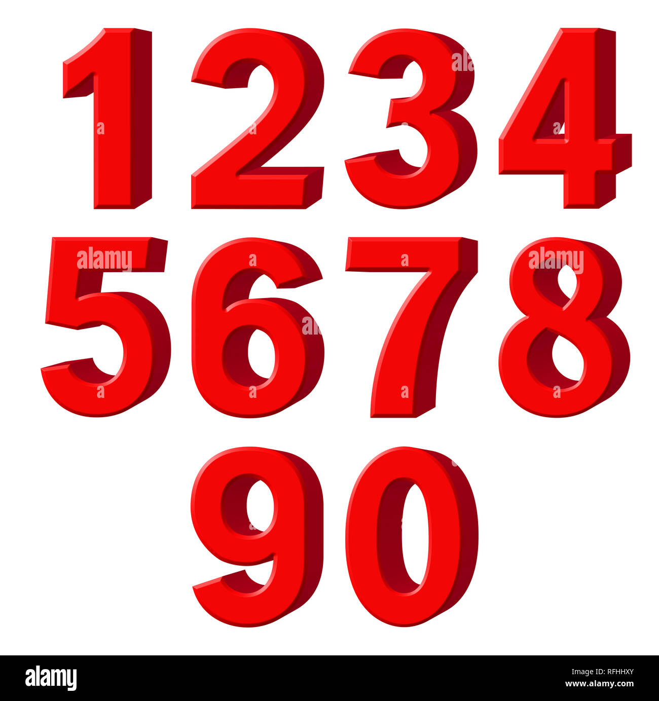 Set of red arabic numbers, extrusion perspective on right, isolated on ...