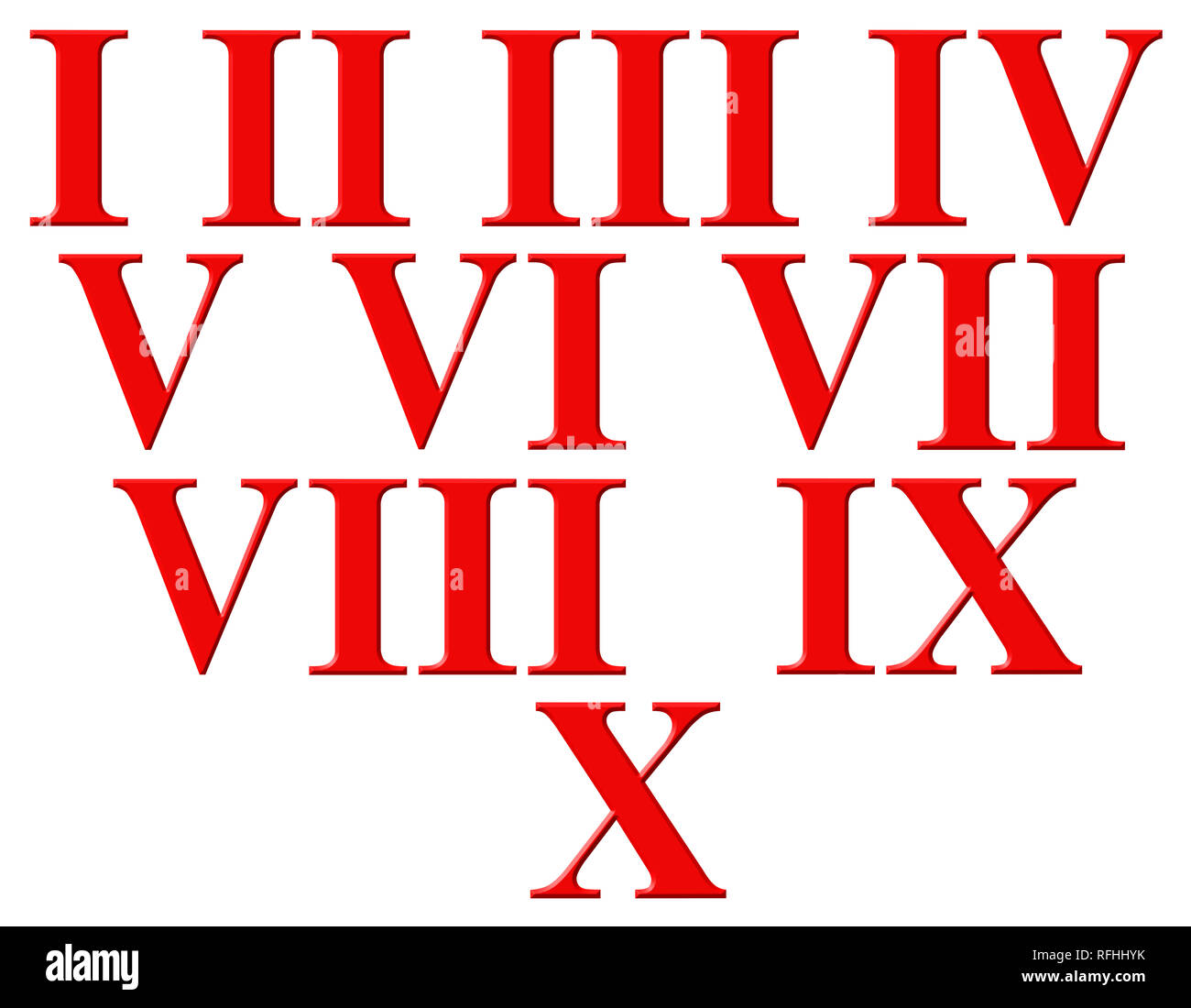 Set of red roman numbers, isolated on white background, 3d illustration ...