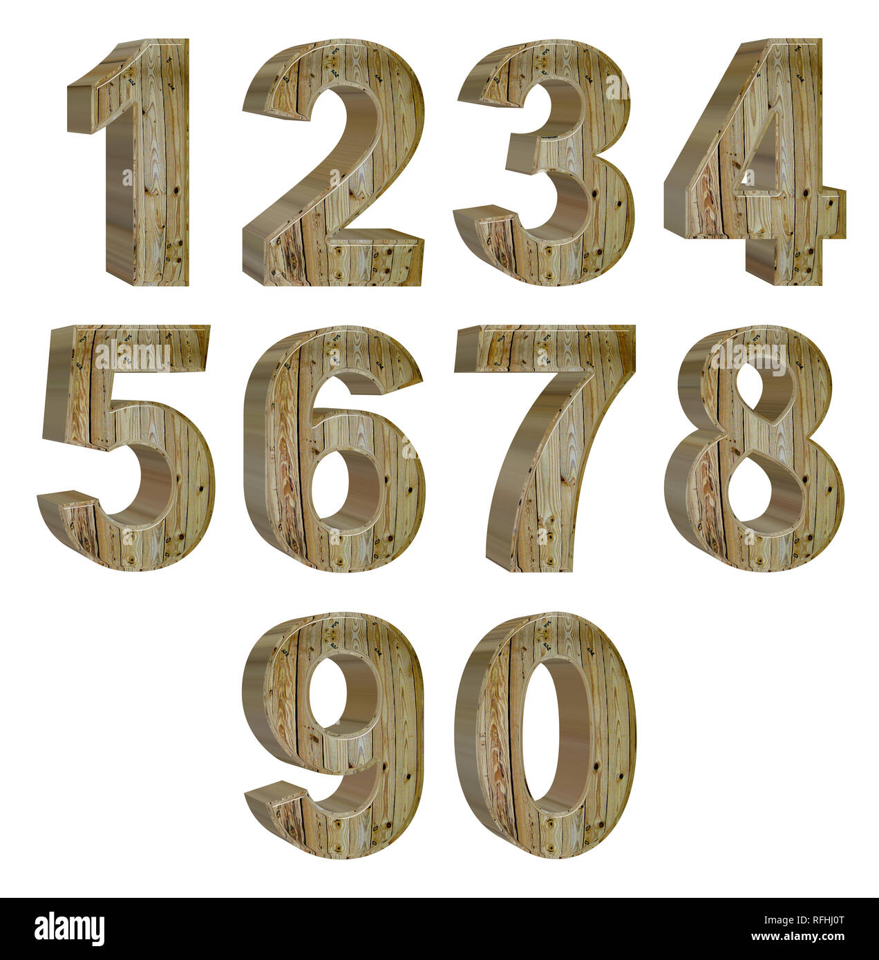 Set of arabic numbers, emitation wood texture, extrusion perspective on ...