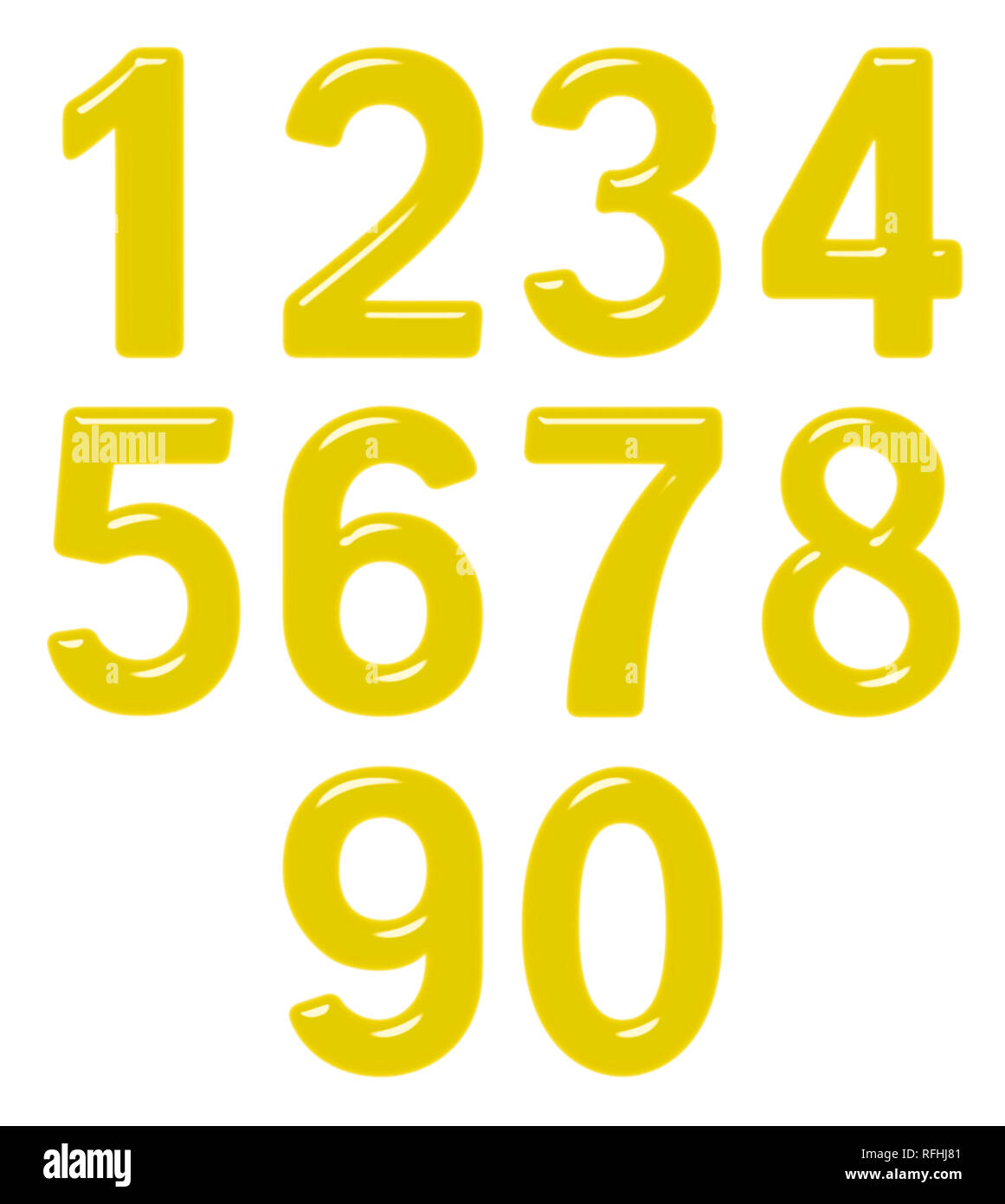 Set of arabic numbers from yellow plastic or glass, isolated on white ...