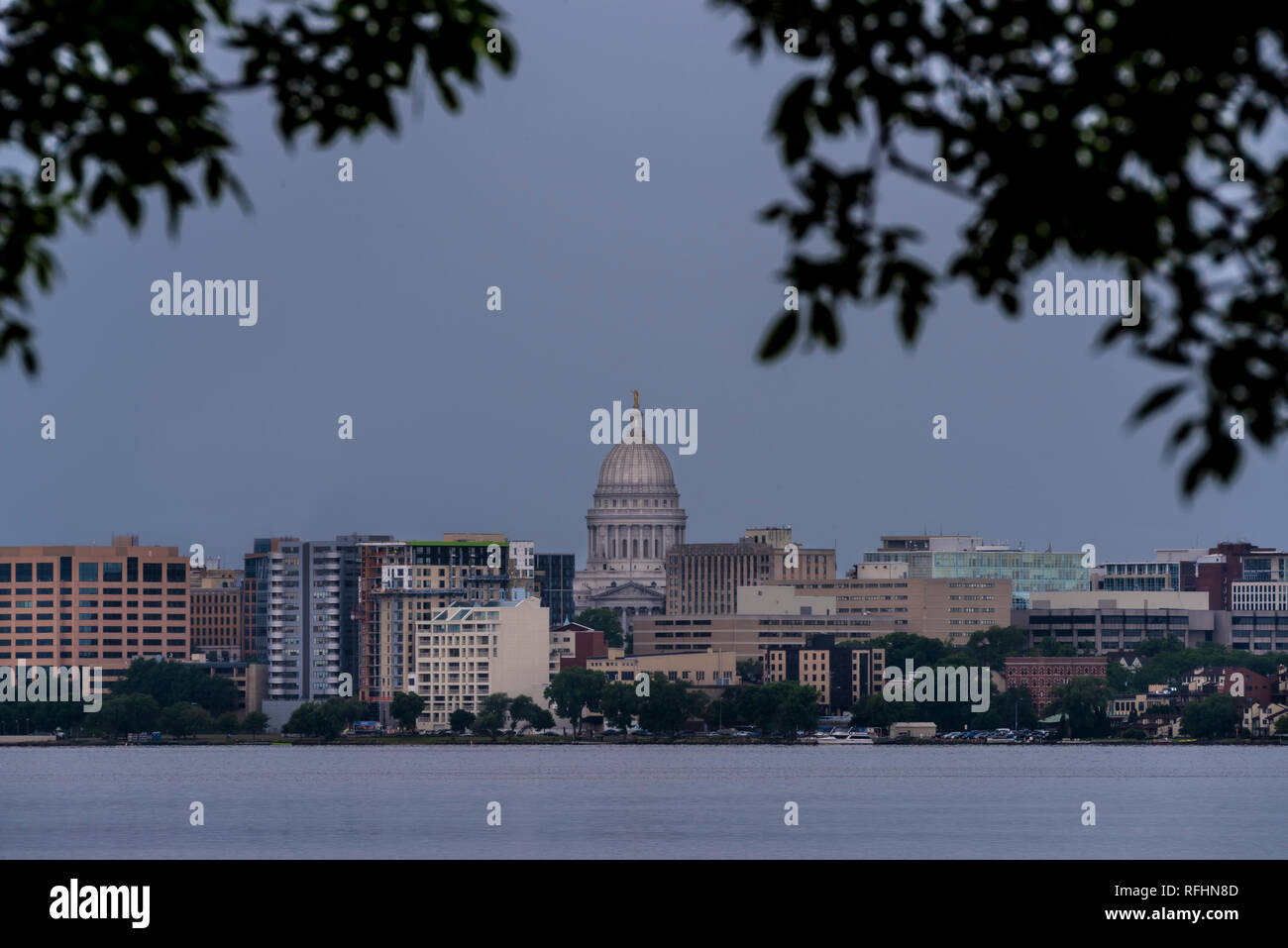 The skyline of Madison, Wisconsin from Stone Bridge Park Stock Photo ...