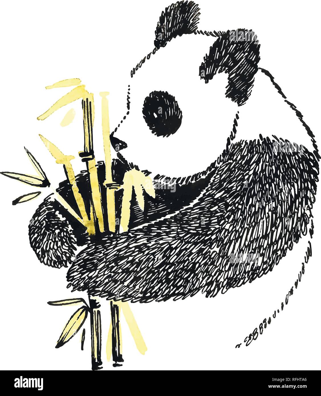 Cute panda in graphic style with bamboo. Vector hand drawn illustration ...