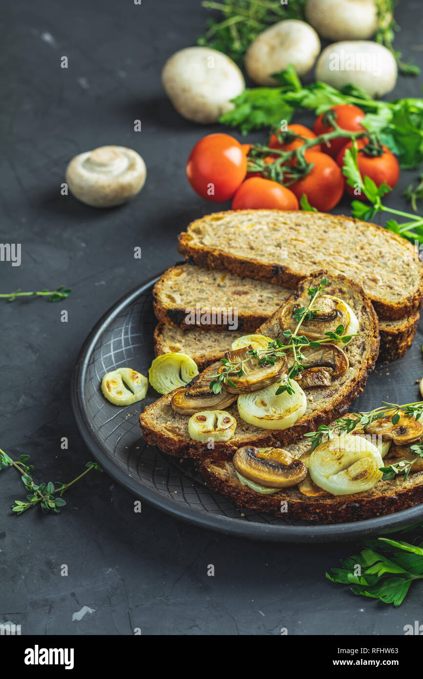 Delicious homemade whole grain rye sliced bread toast with fried ...