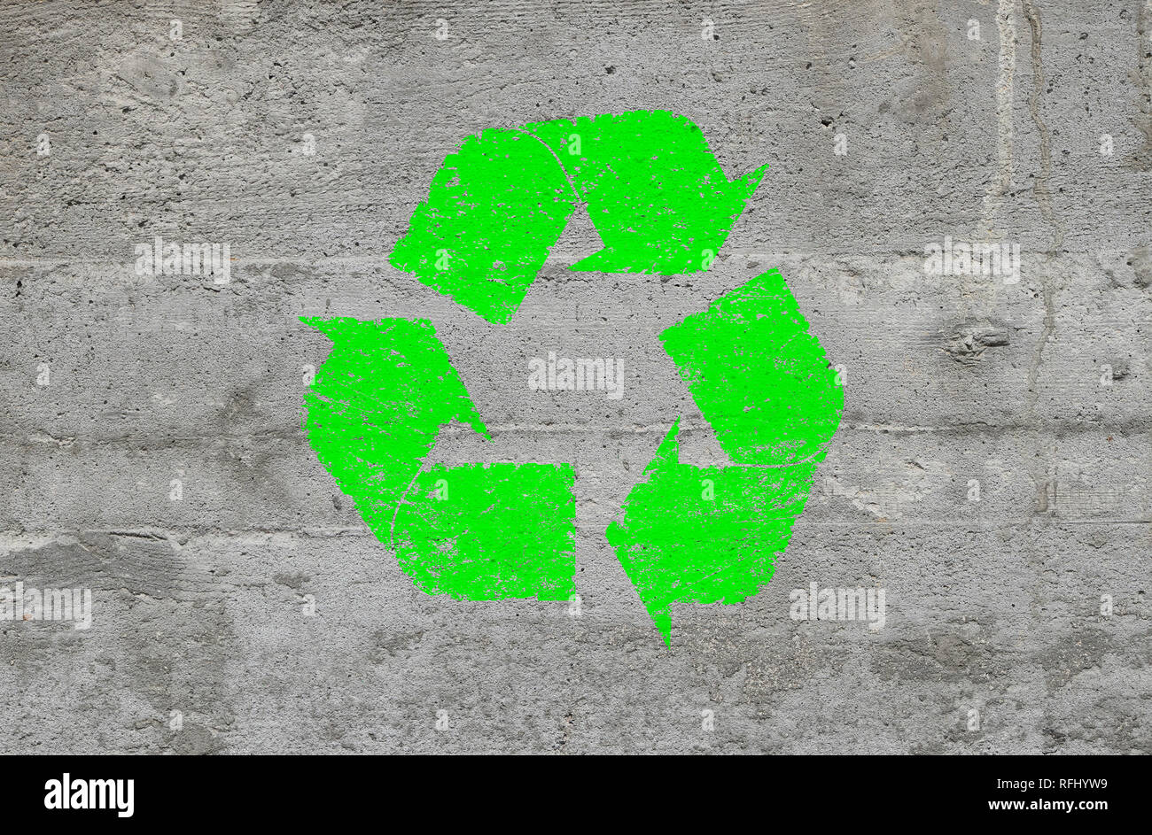 Concrete wall background texture with green grunge recycling logo icon ...